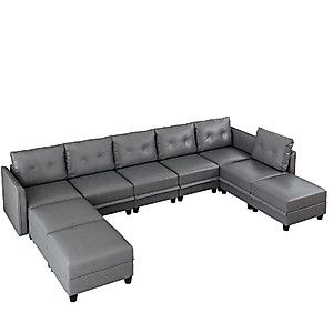 LLappuil Modular Sectional Sofa with Reversible Chaise, U Shaped Couch with Storage, Modern Faux Leather Fabric Sofa with Ottoman, Oversized Sectionals for Living Room, 9 Seat, Dark Grey