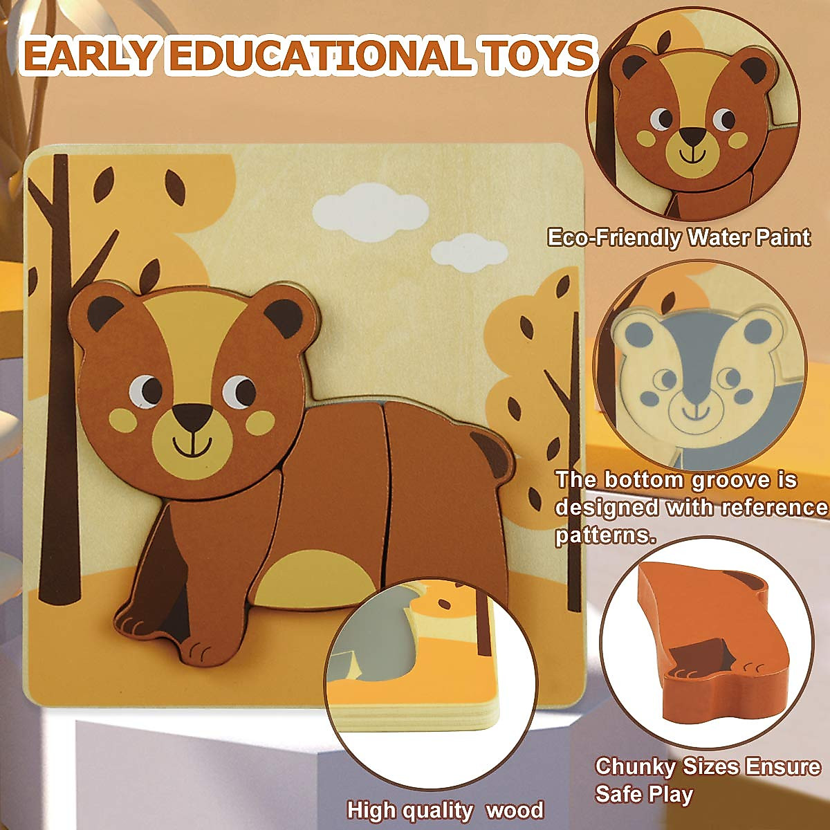 GYBBER&MUMU Wooden Thickened Animal Puzzle Toy Set Panda Deer Owl Duck Fox Puzzle Toy Hand-Eye Coordination Intellectual Toy Set for Preschool (Bear)