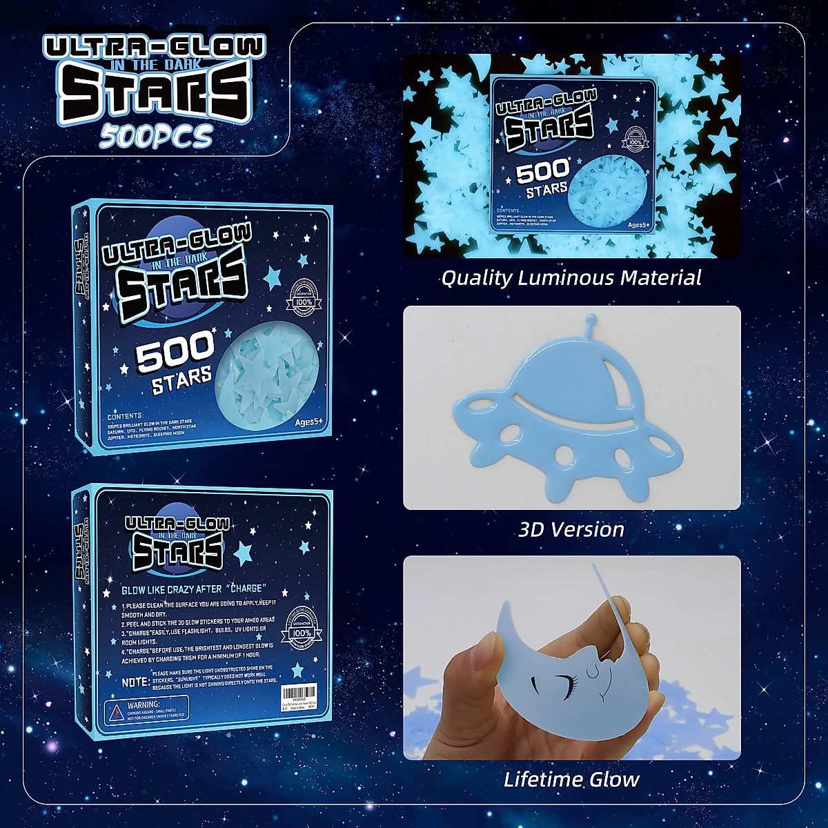 500Pcs 3D Glow in the Dark Stars Blue Glow in the Dark Stars for Ceiling Space Wall Decals Glowing Astronaut Universe Planet Galaxy Wall Stickers Ceiling Decorations for Boys Kids Bedroom Decor (Blue)