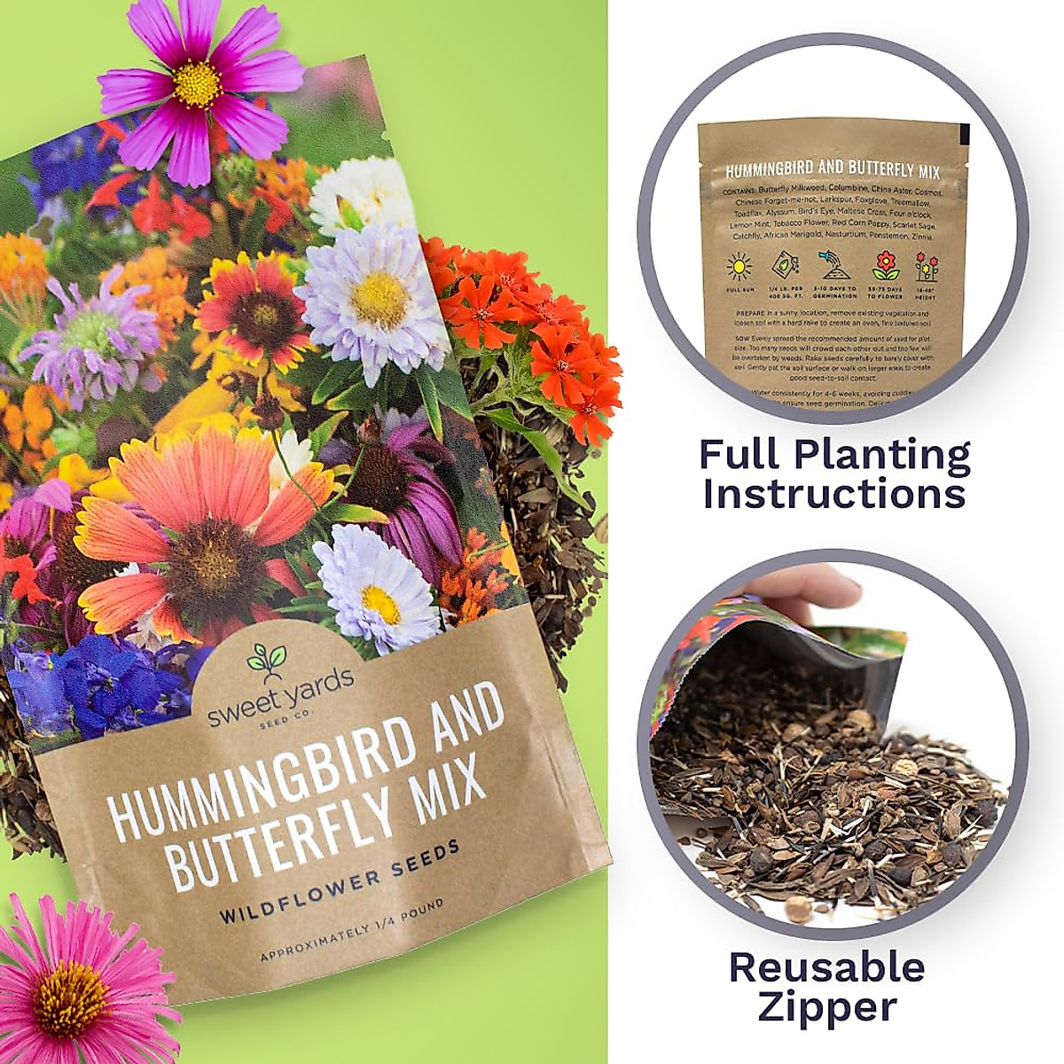 Bulk Wildflower Seeds Butterfly and Humming Bird Mix - 1/4 Pound Bag - Over 30,000 Open Pollinated Annual and Perennial Seeds