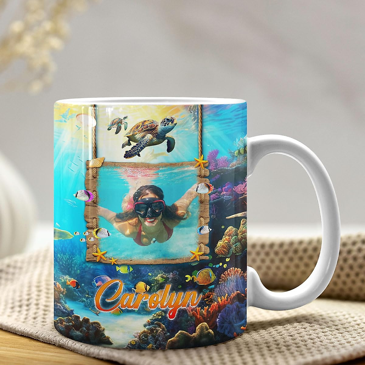 White Ceramic Coffee Mug Photo Mugs Personalized Picture Turtle Custom Name Birthday Gifts For Women Friends Teens Ocean Lovers Novelty Cup Table Desk Accessories 11 and 15 Oz