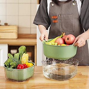 8.2 Quart Large Strainers and Colanders,3 Sets Plastic 2 in 1 Double Layered Strainers for Kitchen,BPA Free Fruits and Vegetable Washing Basket,for Pasta Salad Berry Cleaning Mixing (Green)