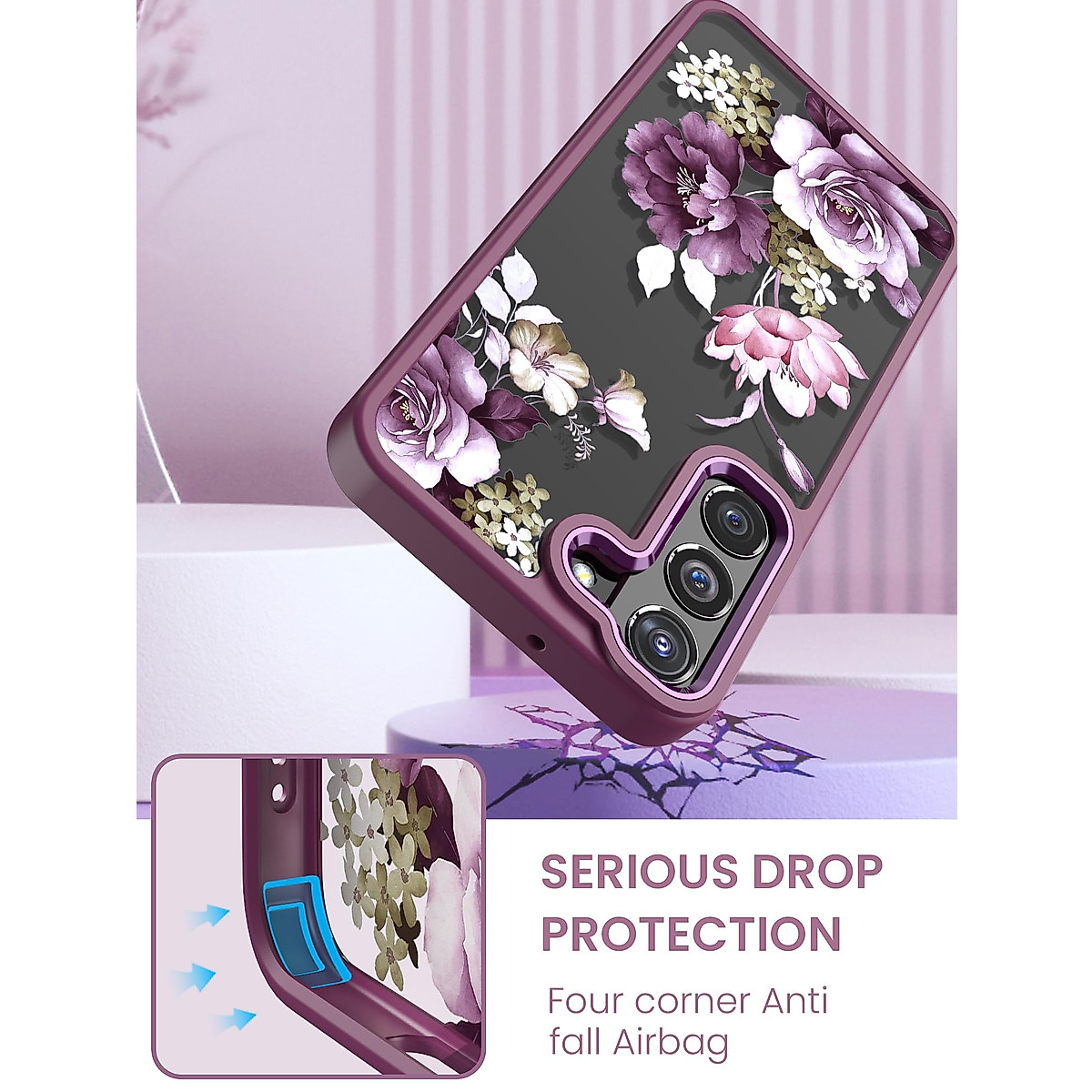 Dretal for Samsung Galaxy S22 5G Case Floral, Military Grade Drop Tested Hard Back & Soft Edge Slim Flower Women Girls Phone Protective Cover + Tempered Glass Screen Protector for Galaxy S22 (Purple)