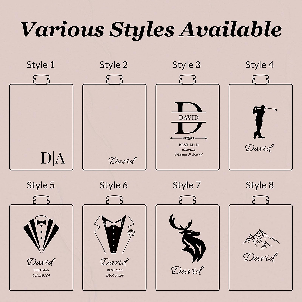 Personalized Flask Gift Set for Men with 8 Designs, 8 oz 304 Stainless Steel Engraved Hip Flasks with "Golf, Mountain, Deer, Initial" Icon, Custom Flask for Wedding Groomsmen Gifts (Brown)