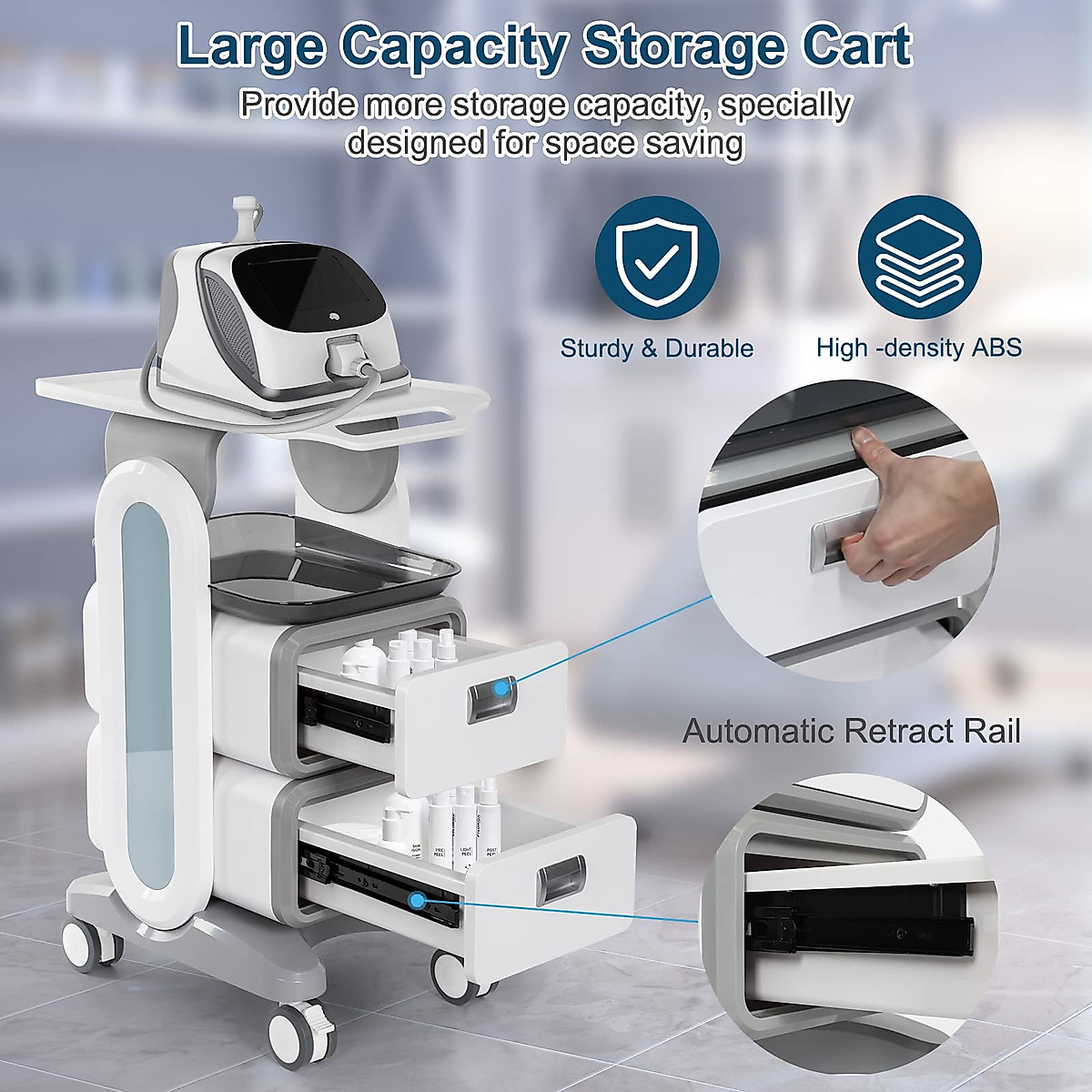 Mobile Medical Trolley Cart 130 Lbs Load Portable Professional Cart for Ultrasound Imaging Scanner Vehicle Beauty Storage Cart with Drawers Tool Tray Wheels for Home Hospital Office Medical Clinic