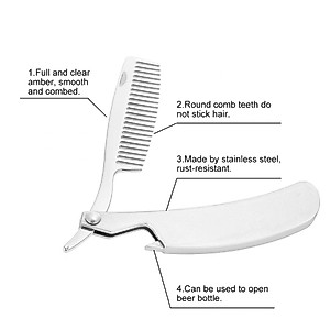 Folding Beard Comb, Portable Folding Mustache Tool Bottle Opener Portable Stainless Steel Beard Comb for Salon and Home Use
