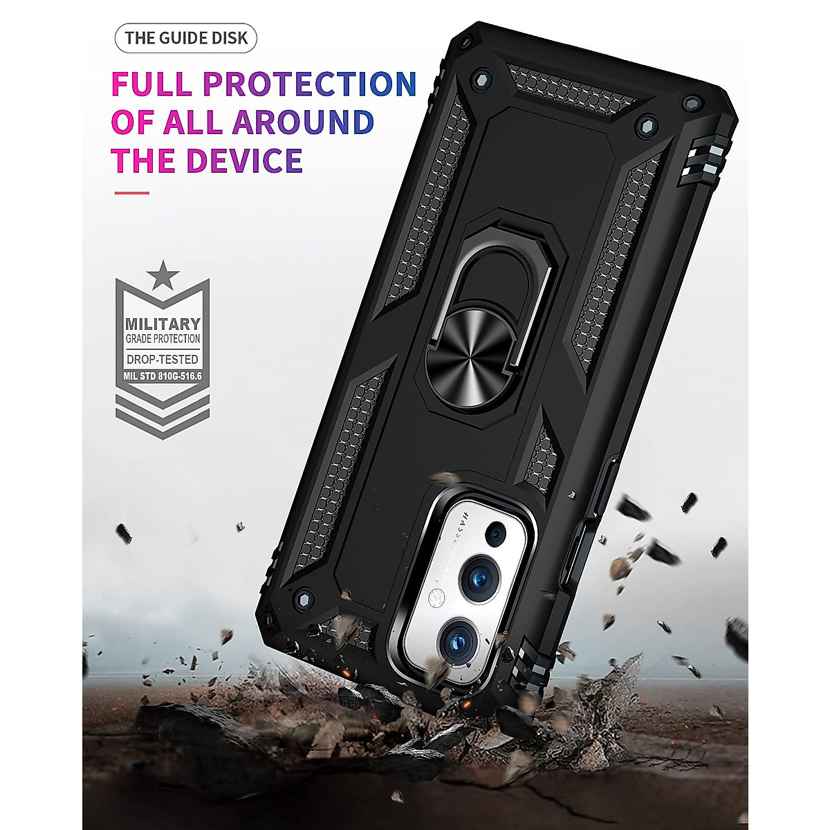 Dionsibei Military Grade Drop Impact for Oneplus 9 Case Oneplus 9 5G Case 360 Metal Rotating Ring Kickstand Holder Armor Heavy Duty Shockproof Case for Oneplus 9 Phone Case (Black)