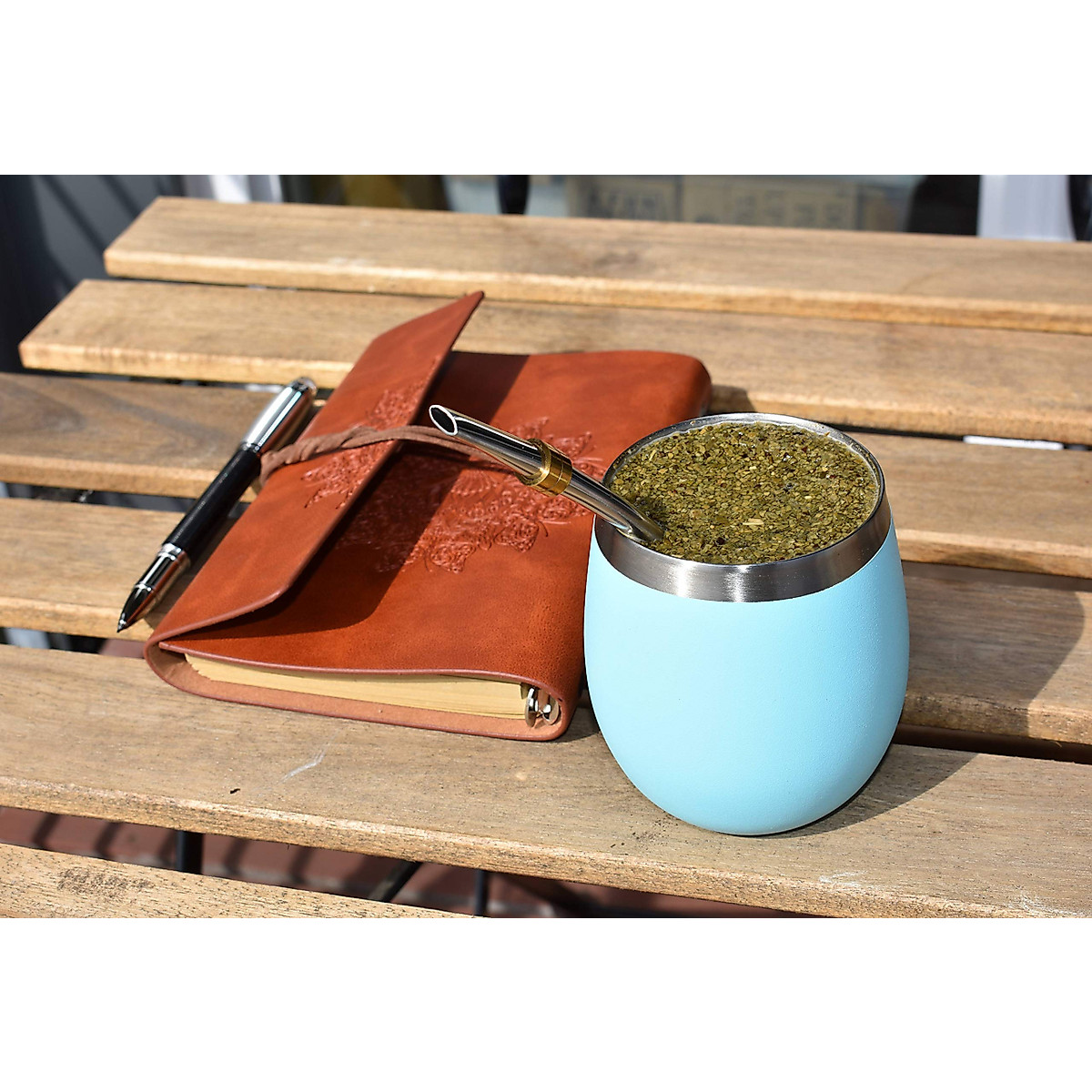 Novomates Yerba Mate Kit Including Double Wall Stainless Steel Mate Tea Cup and Mate Straw – Yerba Mate Cup and Bombilla Mate - Yerba Mate Gourd - Bombilla Mate and Mate Tea Cup 8oz (237ml) (Teal)