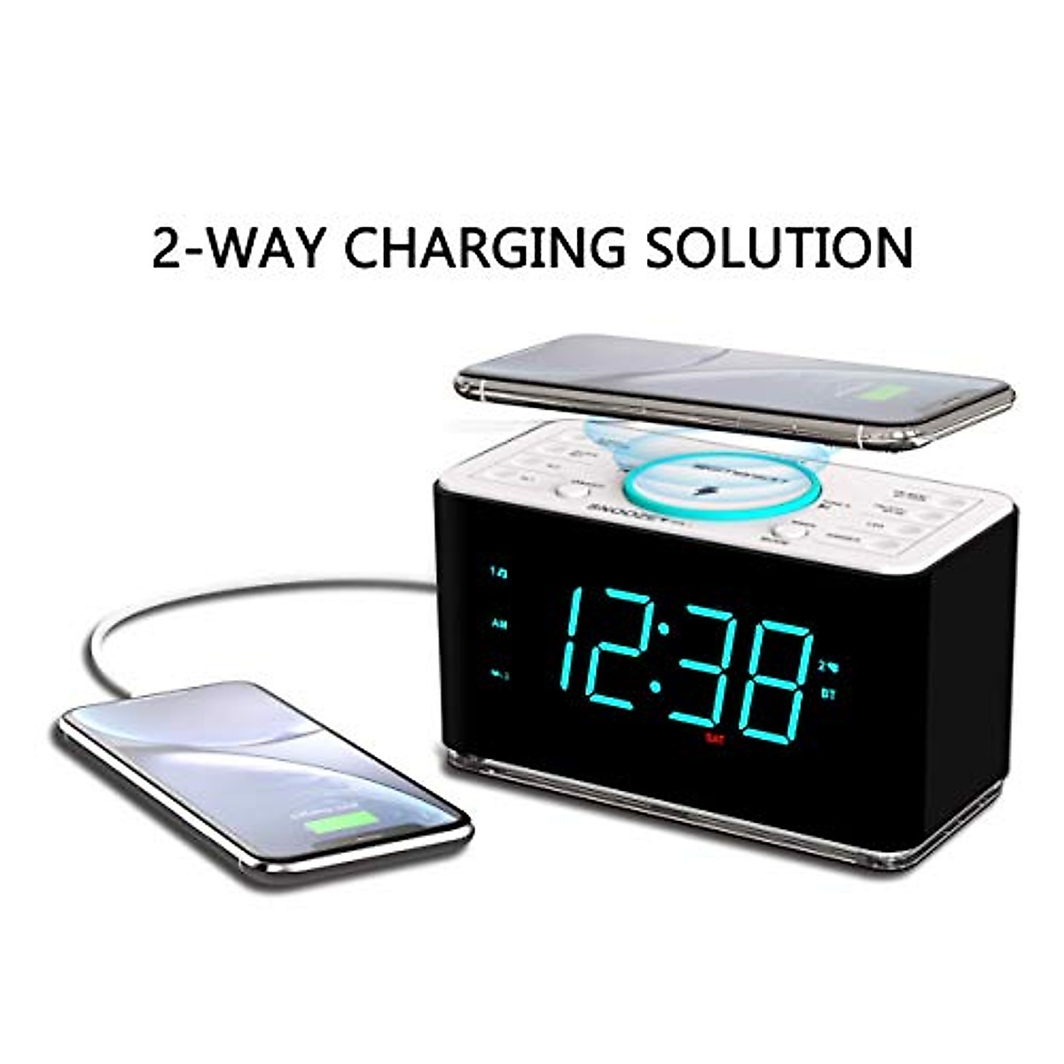 Emerson ER100401 Smartset 15Watt Ultra Fast Wireless Charging Dual Alarm Clock Radio with Bluetooth Speaker, USB Charger, Cyan LED Night Light and 1.4" Display