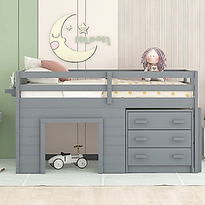 CITYLIGHT Low Loft Bed with Storage,Wood Twin Size Loft Bed with Cabinet and Shelf,Kids Loft Bed Frame for Girls Boys,Grey
