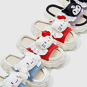 FUDEXING Kawaii Slippers For Women Fuzzy Cute Cartoon Shoes Warm Soft Sole Non-Slip Lightweight Slippers Linen Home Slippers (39-40), Blue, 8-8.5 Women/6.5-7 Men