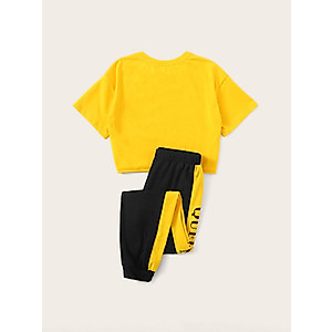Floerns Girls 2 Piece Letter Graphic Short Sleeve Crop Top and Legging Set Yellow and Black 10Y