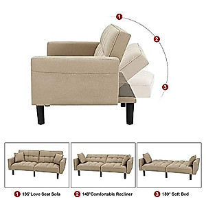 HOMHUM Convertible Sleeper Sofa Bed Modern Linen Fabric Couch Bed Futon Sofa Bed with 2 Pillows for Living Room, Apartment, Guest Room, Gentle Khaki