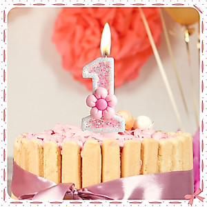 Zi Lan Birthday Candle for Girl, Pink Gerbera Daisy Flower 1st Birthday Party Decorations, Number 1 Cake Candle, Pink Sequin Birthday Cake Toppers for Baby Shower Anniversary Party Celebration supplie