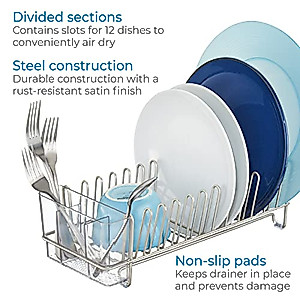 iDesign Metal Dish Drying Rack with Silverware Drainer, The Classico Collection – 12.5" x 5.5" x 4", Satin Silver