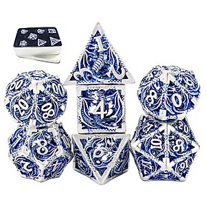 Polyhedral Dice Set Hollow Metal DND Dice Dungeons and Dragons Dice Set Gifts 7CPS Role Playing Dice Set with Gift Metal Box Suitable for D&D Table Games Cards Tower MTG RPG(Dragon_Pearl Silver Blue)