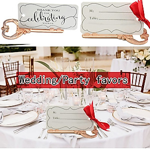 Aokbean 50pcs Key Bottle Opener Place Card Holder for Weddings Table Name Cards for Guests Souvenirs with French Ribbon (Rose Gold)