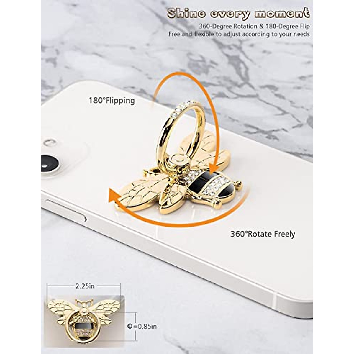 Phone Ring Holder with Crystal, Allengel Bee Phone Ring Grip Finger Kickstand, Gold Black