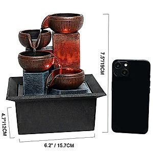 Small Indoor Waterfall Fountain-Tabletop Fountain 4 Level-Indoor Desktop Fountain with Audible Calming Waterfall Sounds for Feng Shui Effect-Cascading LED Color Lighting
