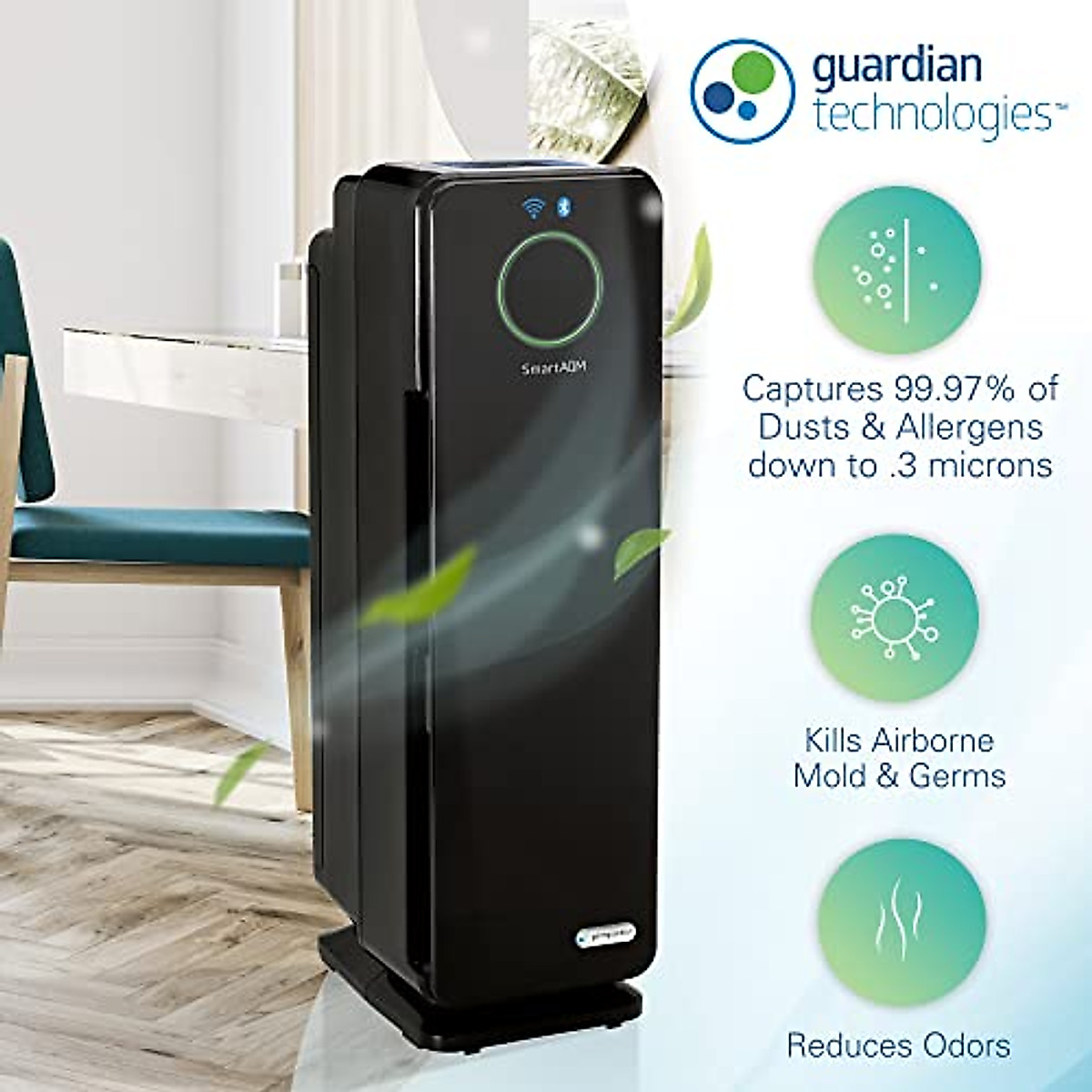 Germ Guardian Wi-Fi Bluetooth Smart Voice Control Air Purifier, UV Light Sanitizer Eliminates Germs, Mold, Odors, True HEPA Filters Allergies, Pollen, Smoke, Dust, Pet Dander, 22 inch, CDAP4500BCA