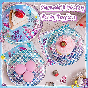 SJJPDYY 170Pcs Mermaid Birthday Party Decorations Set Mermaid Party Supplies Includes Plates, Napkin, Fork, Cup, Tablecloth, Banner for Baby Shower Ocean Birthday Party Decorations, Serves 24