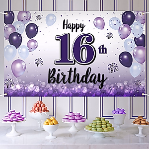 LASKYER Happy 16th Birthday Purple Large Banner - Cheers to Sixteen Years Old Birthday Home Wall Photoprop Backdrop,16th Birthday Party Decorations.