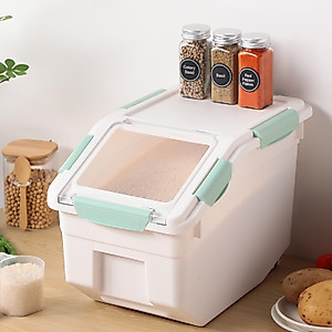 Purpeak 4 Pack Grain Rice Storage Bin Flour Storage Container 20 Lbs with Wheels Measuring Cup Airtight Lid Plastic Cereal Pet Food Storage Boxes for Dry Food Sugar Baking Cat Bird Dog Food (Green)