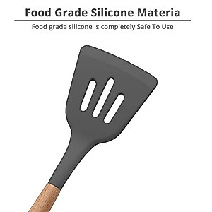 KUFUNG Silicone Slotted Spatula, High Heat Resistant to 480°F, BPA Free, Food Grade Slotted Turner, Wooden Handle Nonstick Flipper for Fish, Eggs, Omelets, Burgers, Hashbrowns, Pancake (Grey)