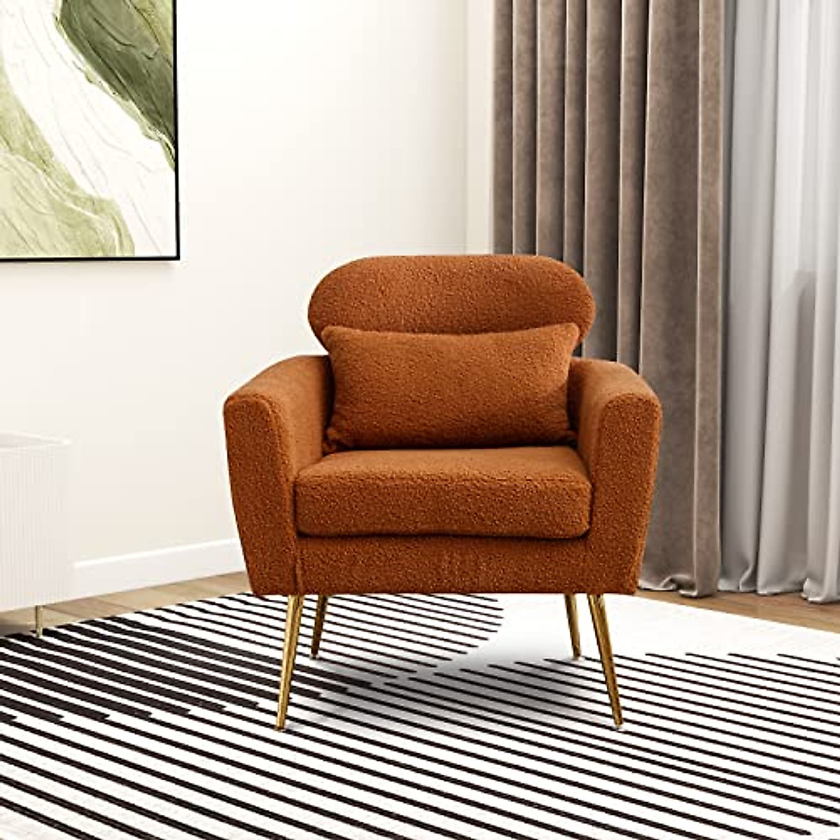 HomSof 29.5"W Modern Boucle Accent Chair Armchair Upholstered Reading Chair Single Sofa Leisure Club Chair with Gold Metal Leg and Throw Pillow for Living Room Bedroom Dorm Room Office, Caramel Boucle