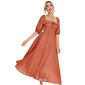 R.Vivimos Women Summer Half Sleeve Cotton Ruffled Vintage Elegant Backless A Line Flowy Long Dresses (Medium, Orange#1)
