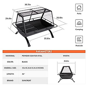 SUNCREAT Outdoor Fire Pit with Steel Grill, 36 Inch Large Wood Burning Firepit for Outside with Cooking BBQ Grill Grate, Spark Screen, Fireplace Poker, and Waterproof Cover