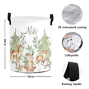 Woodland Forest Animals Laundry Basket Personalized with Name Laundry Hamper with Handle Clothes Bag Bin for Bedroom Baskets