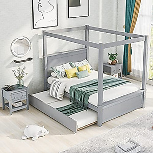Bellemave Full Size Wood Canopy Bed with Trundle and Two Nightstands, 4-Post Platform Frame Headboard, 3 Pieces Bedroom Set (Brushed Gray) Full Canopy Bed+2 Nightstands