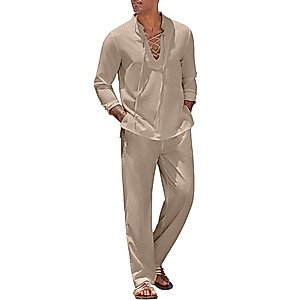 COOFANDY Men's 2 Piece Linen Set Long Sleeve Henley Shirts Casual Beach Pants With Pockets Summer Yoga Outfits