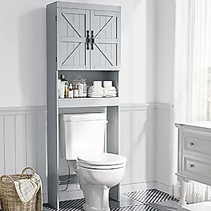 SRIWATANA Over The Toilet Storage Cabinet, Bathroom Organizer with Adjustable Shelf, 2-Door Toilet Storage Rack, Gray