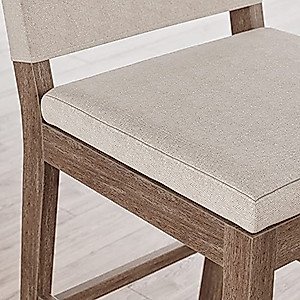Linus Modern Upholstered Counter Height Bar Stool with Back and Solid Rubberwood Legs in a Wire-Brushed Grey Finish, Natural Flax/Brown