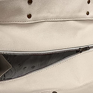 Tag&Crew Brooklyn Tote Canvas Bag with Leather Handles, Zippered Flap, 3 Pockets, Adjustable Shoulder Strap, Antique Brass Clips - Natural