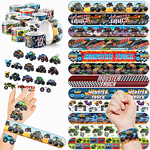 48PCS Monster Truck Party Favors - 24 Tattoos & 24 Slap Bracelets, Perfect for Big Car-Themed Birthdays, School Rewards, and Classroom Prizes for Boys & Girls