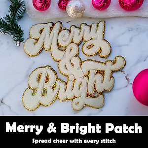Merry & Bright- Iron On Patch- Pink Chenille Holiday Sweatshirt - Fuzzy Chenille Patch Alphabet Patch Glitter Christmas Patch Only DIY (White)