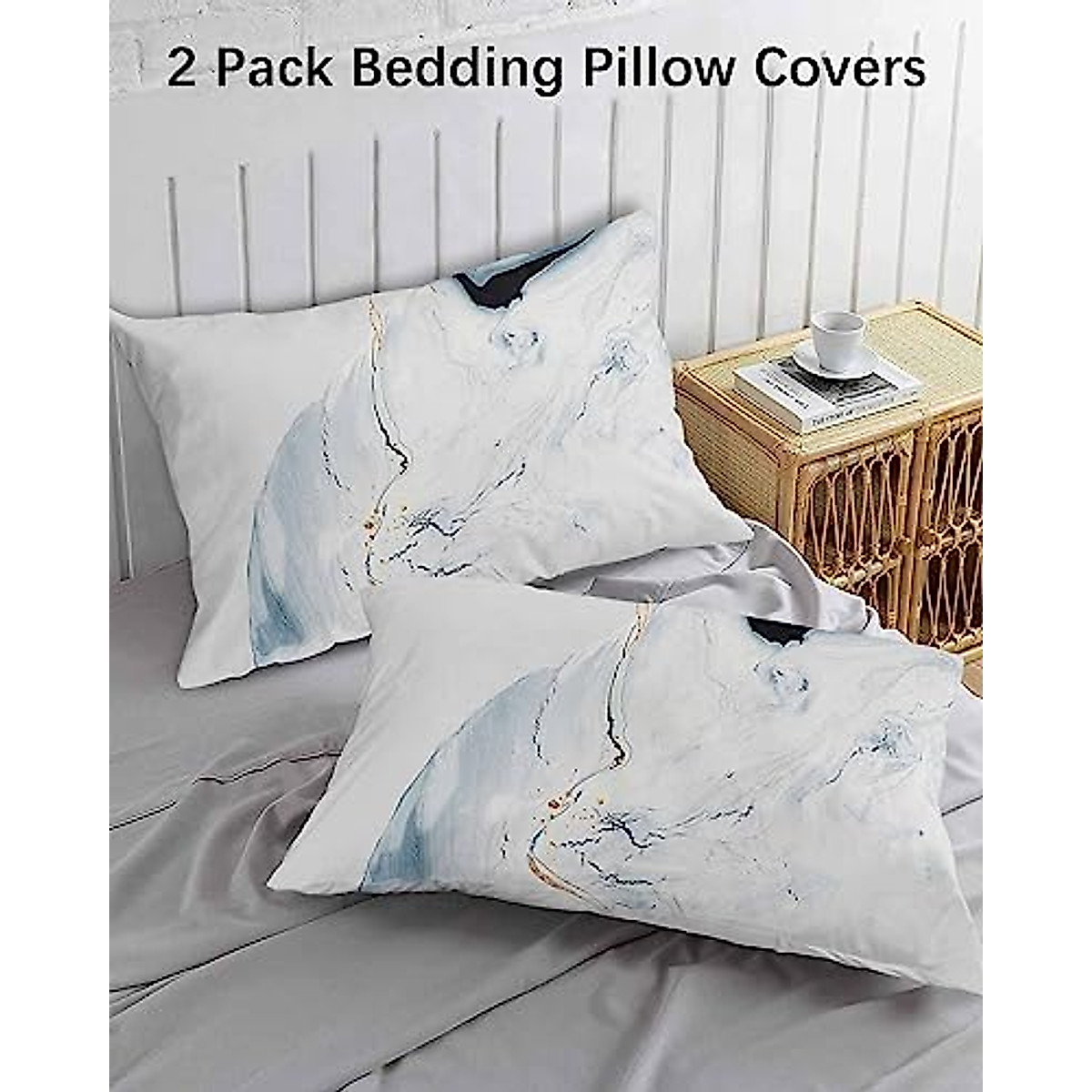 Navy Blue Marble Pillow Covers Standard Size Set of 2 Bed Pillow, Modern Yellow Lines Abstract Art Aesthetics Plush Soft Comfort for Hair/ Skin Cooling Pillowcases with Envelop Closure 20''x26''