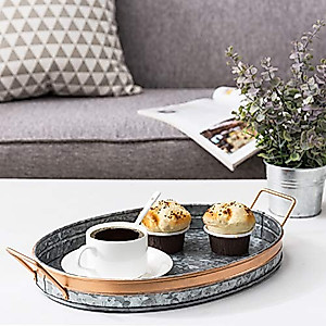 MyGift Rustic Galvanized Metal Decorative Tray with Copper Tone Rim and Handles, 16 Inch Oval Serving Tray - Handcrafted in India