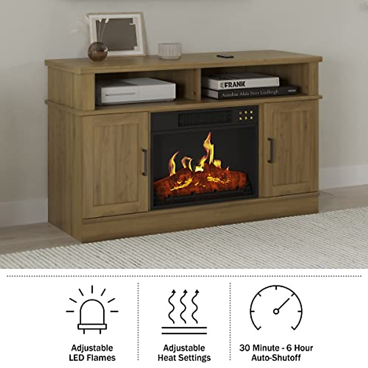 TV Stand with Electric Fireplace - Media Console with Storage Cabinet, Remote Control, Adjustable Heat, and LED Flames by Northwest (Brown)
