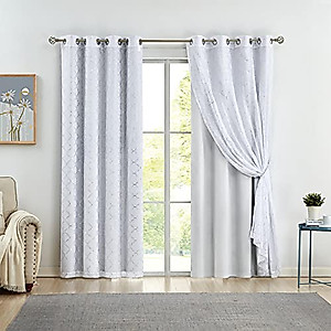 Enactex 4 Piece Curtains Set Mix and Match Geometric Silver Print Sheer & Velvet Room Darkening Blackout Drapes, 52''x 95'' Grommet Window Treatment for Bedroom Living Room, Greyish White