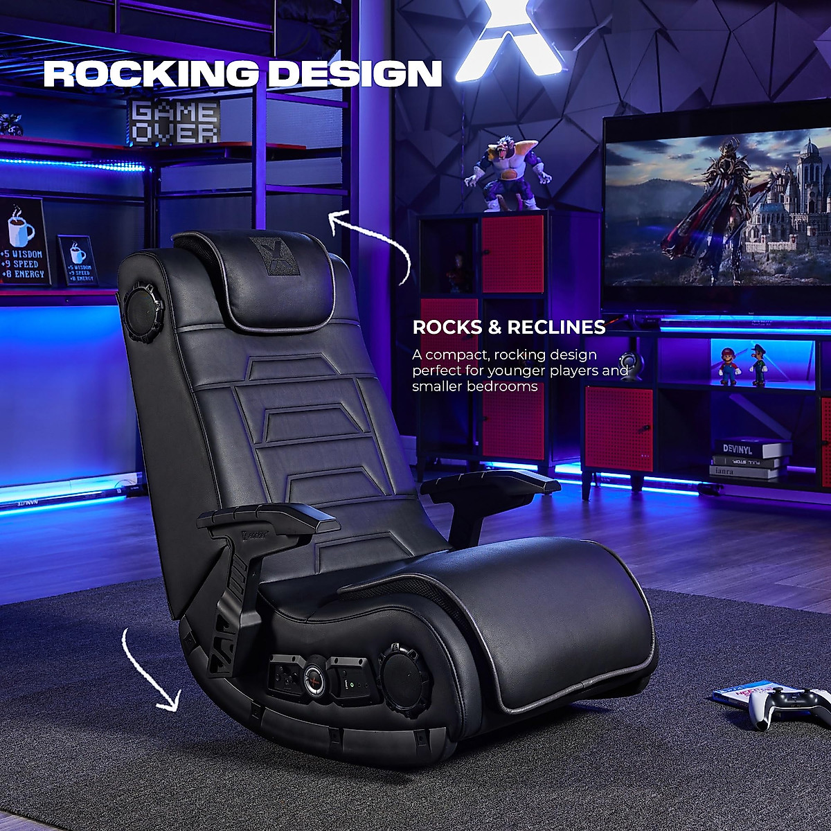 X Rocker Pro Series H3 Vibrating Floor Video Gaming Chair, with Headrest, 4.1 High Tech Audio, Wireless, Leather, Foldable, 5125901, 35" x 22" x 34.5", Black