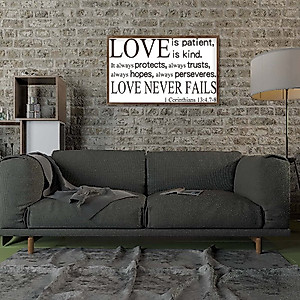 Wooden Framed Sign Wall Art Love is Patient is Kind. It Always Protects Always Trusts Always Hopes Always Perseveres. Love Never Fails 1 Corinthians 13:4.7-8 white-C15 33x55cm (13x22 Inch)
