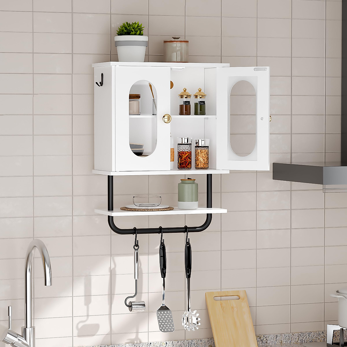 Creso hom Medicine Cabinet, Wood Bathroom Wall Cabinet with Adjustable Shelf and Hooks, Towel Bar, 3 Tier Bathroom Cabinet Wall Mount Storage Cabinets for Living Room, Bedroom, Kitchen, White