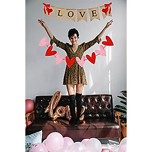 Valentines Day Decor, Love Burlap Banner Valentines Decorations Hanging Heart Garland Rustic Valentine Décor for Home Red Glittery Heart Banner Decor for Mantle Fireplace Wall