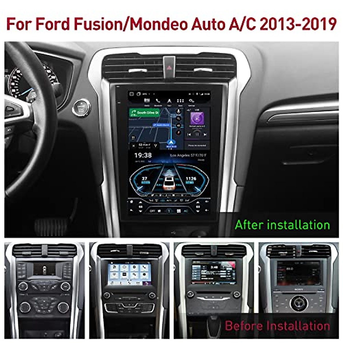 Car Radio Stereo for Ford Fusion Mondeo 2013 to 2019 Android 10.0 T-Style Head Unit Navigation 12.1 Inch IPS Touchscreen Build in Wireless Carplay WiFi Support DSP Sirius (Auto)