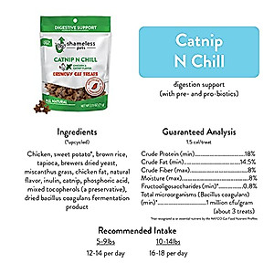 SHAMELESS PETS Catnip Treats - Crunchy Cat Calming Treats with Digestive Support, Sustainable Upcycled Natural Ingredients & Real Chicken, Low Calorie Healthy Feline Food - Catnip N Chill, 3-Pk