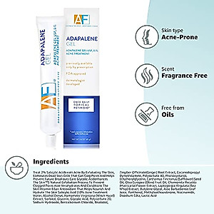 Acne Free Adapalene Gel 0.1%, Once-Daily Topical Retinoid Acne Treatment, Dermatologist Developed, Unclogs Pores and Clears Acne, Prevents and Improve Whiteheads and Blackheads, 1.6 Ounce